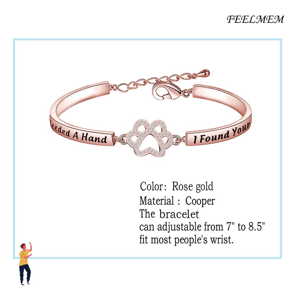 FEELMEM Dog Lover Gift Crystal Paw Print Charm When I Needed A Hand I Found Your Paw Bar Bracelet Gift for Dog Owner Dog Mom (rose gold)