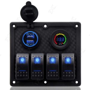 fxc 4 gang waterproof marine boat rocker switch panel, dc 12v 5 pin on-off switch, with rgb led digital display voltmeter and 4.2a dual usb slot socket for boat car rv vehicles truck