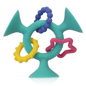 nuby silly three prong interactive suction toy with colorful rings, aqua