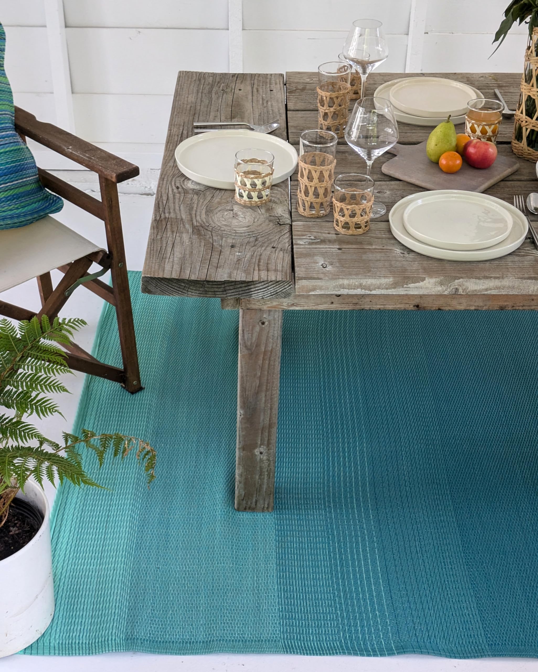 Fab Habitat Outdoor Rug - Waterproof, Fade Resistant, Crease-Free - Premium Recycled Plastic - Ombre - Large Patio, Deck, Sunroom, Camping, RV - Big Sur - Teal - 6 x 9 ft