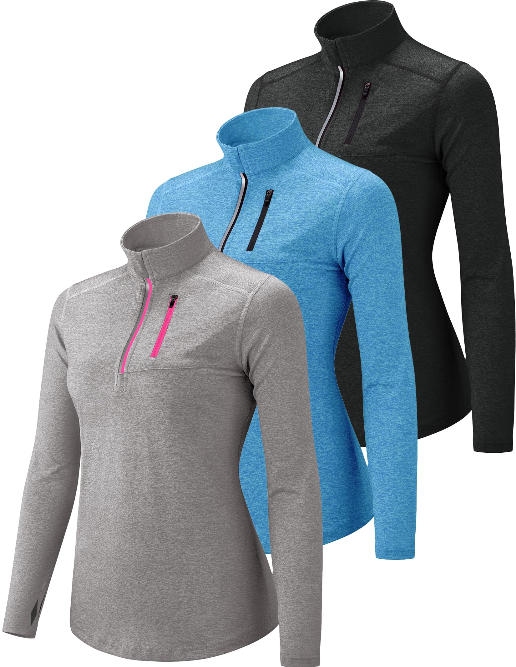 Women's Quick Dry Long Sleeve Quarter Zip Pullover Shirts with Thumb Holes and Pocket (Set 1, X-Small)