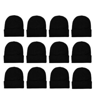 12 pack winter unisex beanie cap hats for men women, warm cozy knitted cuffed skull cap,solid black color wholesale