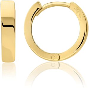 14kt gold huggie hoop earrings minimalist small simple thin huggies for women and men polished flat hinged hoop (yellow gold)