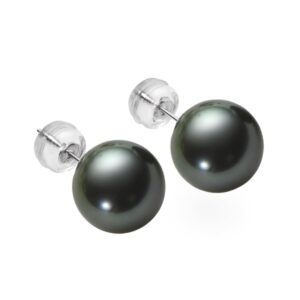 dengguang 18k gold natural round cultured black pearl stud earrings for women, 8-9mm high luster tahitian south sea cultured pearl earrings - white gold