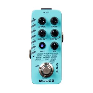 mooer e7 polyphonic guitar synth pedal electronic synthesizer, 7 guitar synthesizer tones with individual arpeggiator and 7 preset slots, high/low frequency cut, attack, speed function