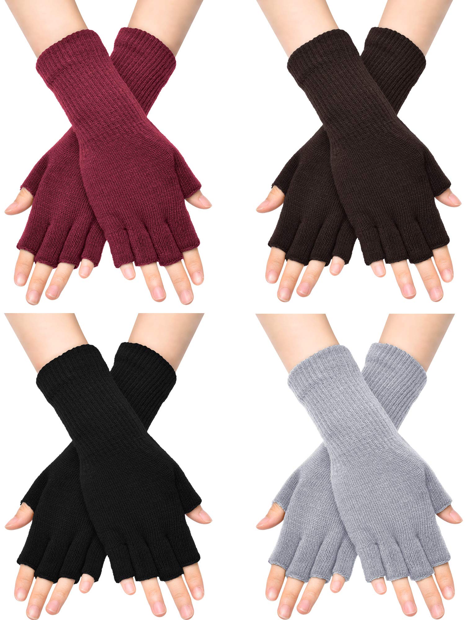 SATINIOR Fingerless Gloves for Women Half Finger Typing Gloves with Long Wrist Cuff Winter Knit Fingerless Mittens for Women (Black, Red, Light Grey, Coffee, 4 Pairs)