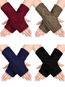 satinior 4 pairs women warm knit winter fingerless gloves thumbhole arm warmers mittens (black, navy blue, khaki, wine red)