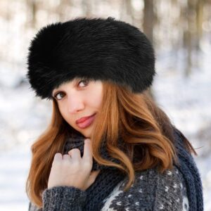 SATINIOR 2 Pieces Women Faux Fur Headband with Elastic Winter Earwarmer Earmuff Ski Hat Black, White