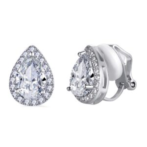 selovo teardrop bridal wedding clear white cubic zirconia clip on earrings stud silver tone