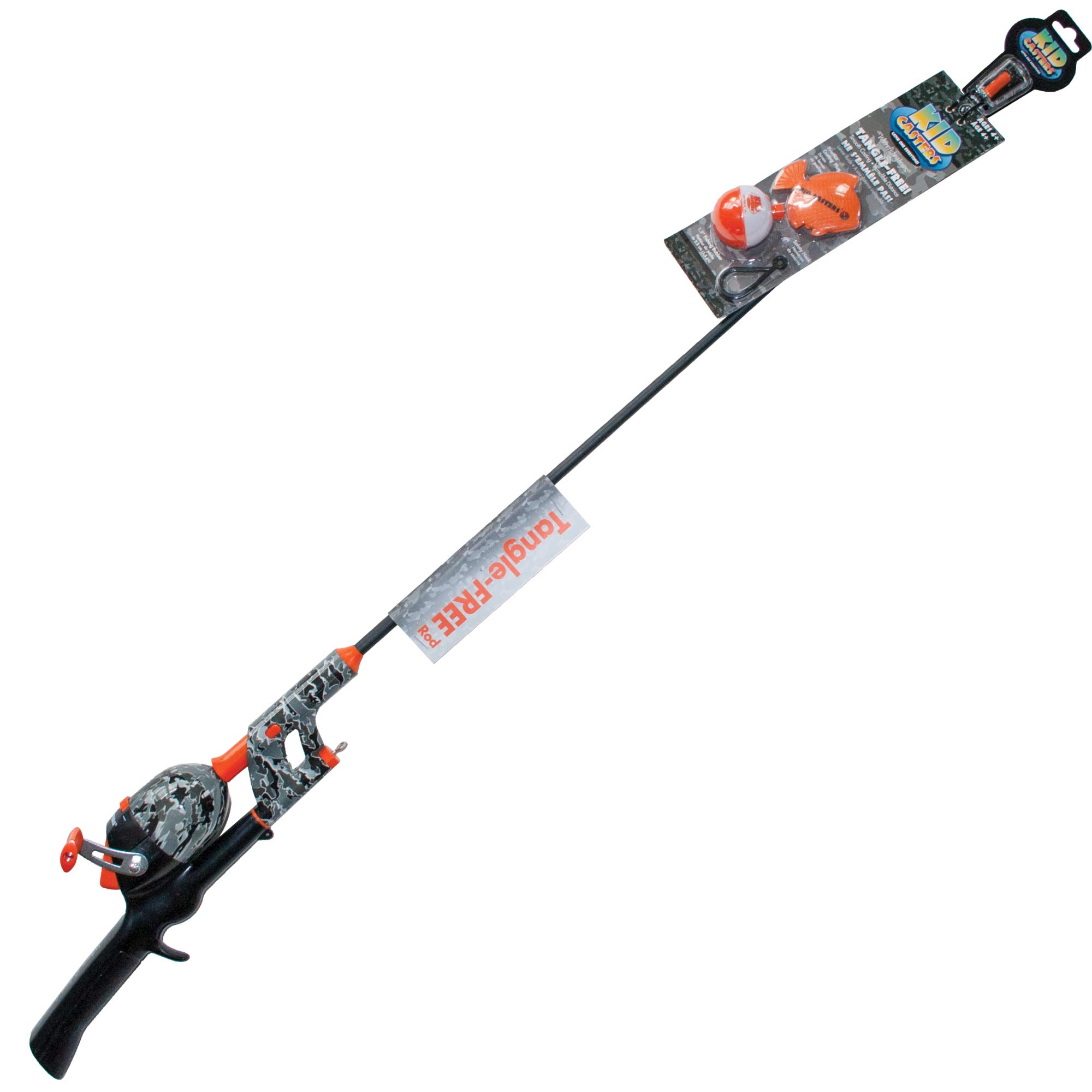 Kid Casters Black/Orange Camo No Tangle Fishing Combo with Bobber, Practice Casting Plug