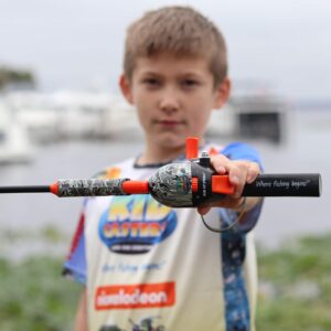 Kid Casters Black/Orange Camo No Tangle Fishing Combo with Bobber, Practice Casting Plug