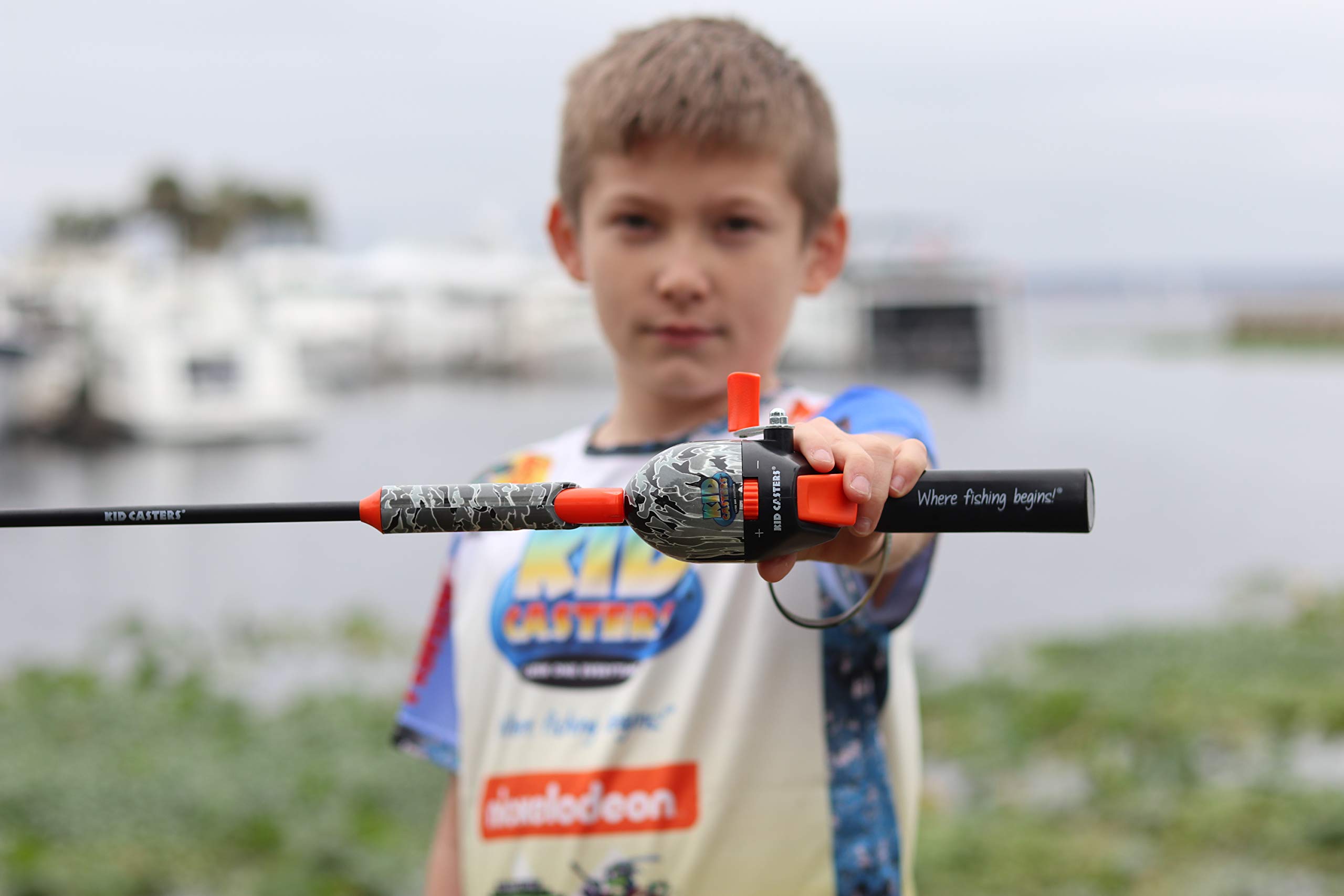 Kid Casters Black/Orange Camo No Tangle Fishing Combo with Bobber, Practice Casting Plug