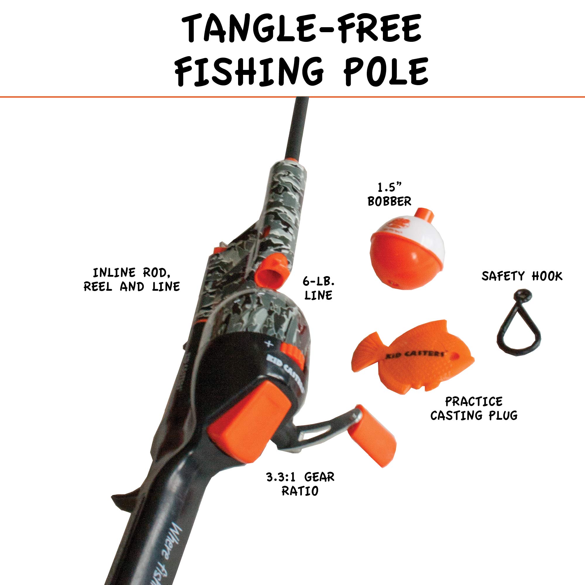 Kid Casters Black/Orange Camo No Tangle Fishing Combo with Bobber, Practice Casting Plug