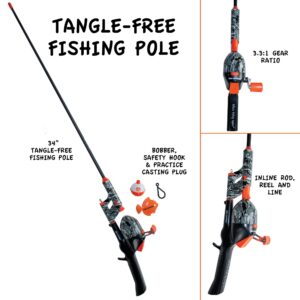 Kid Casters Black/Orange Camo No Tangle Fishing Combo with Bobber, Practice Casting Plug