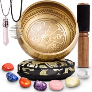 tibetan singing bowl set - 7 chakra healing crystal stones, rose quartz pendulum necklace - handcrafted in nepal for meditation, mindfulness, yoga, spiritual healing and stress relief