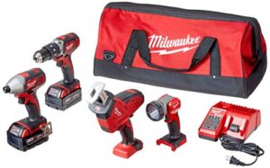 milwaukee 2695-24 m18 18v cordless power tool combo kit with hammer drill, impact driver, reciprocating saw, and work light (2 batteries, charger, and tool case included) (renewed)