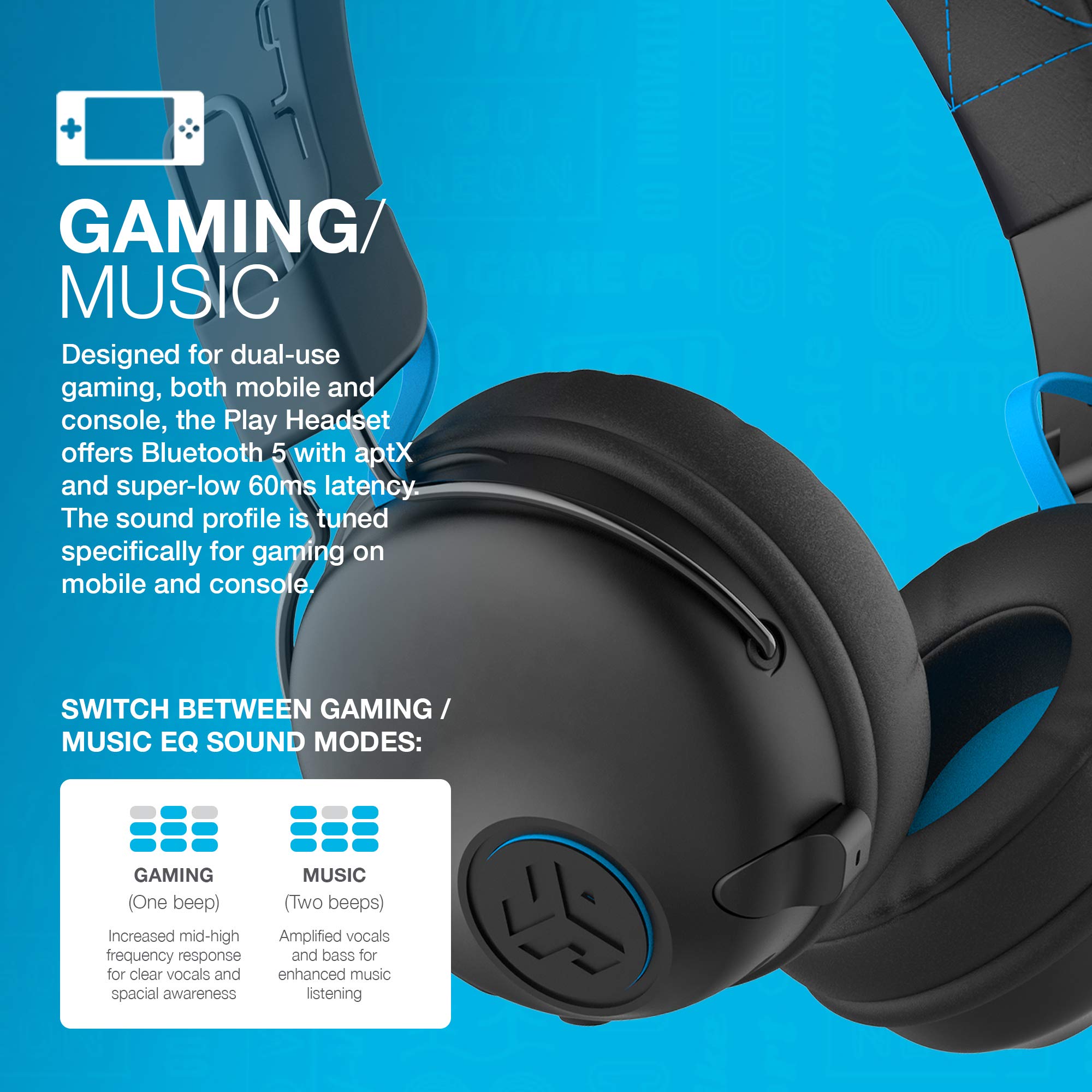 JLab Play Gaming Wireless Headset, 22+ Hour Bluetooth 5 Playtime 60ms Super-Low Latency for Mobile Gameplay, Retractable Boom Mic, AUX Gaming Cord Compatible with Gaming Consoles