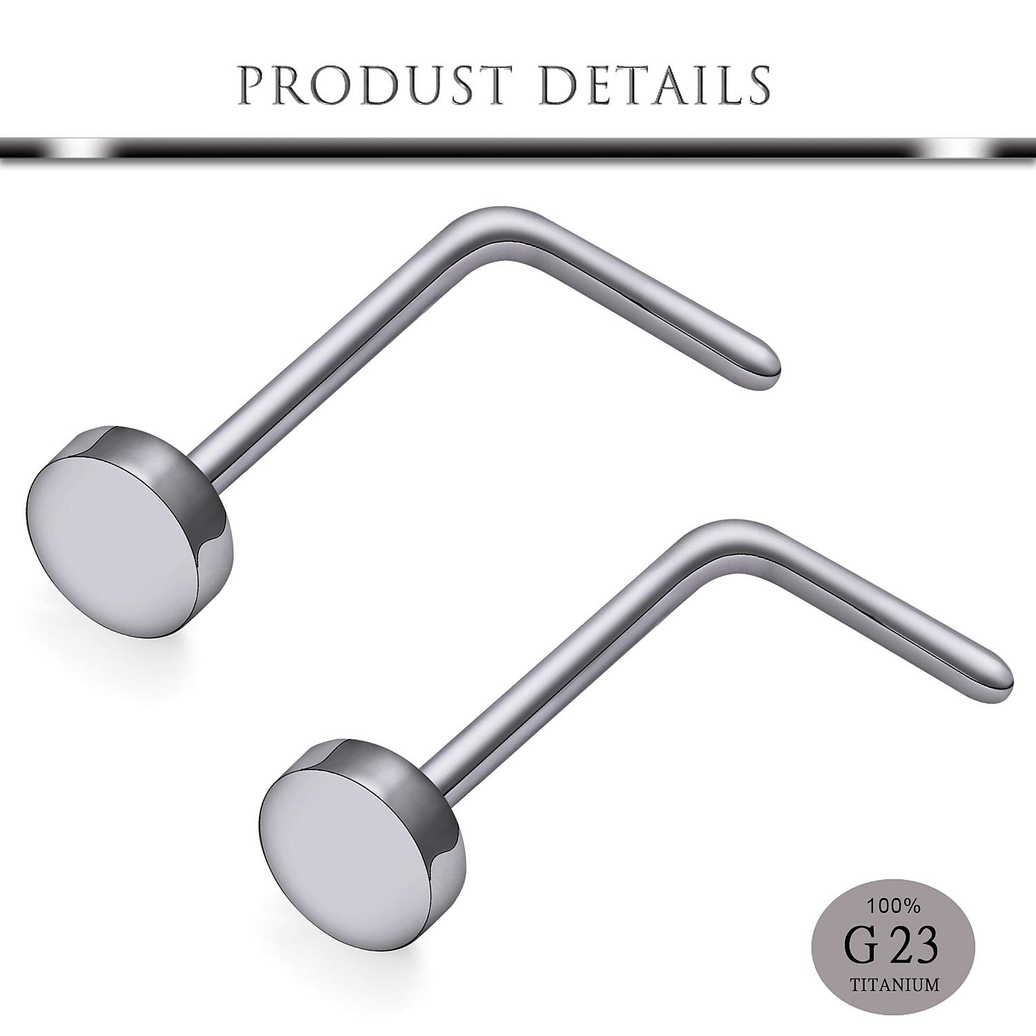 Hoeudjo 18G Grade 23 (G23) Titanium Nose Studs Ring L-Shaped Piercing Jewelry for Women Men