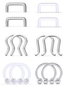 hoeudjo 12pcs 16g septum retainer clear acrylic and surgical steel septum nose rings hoop horseshoe cartilage tragus septum ring body piercing jewelry for women men silver-tone