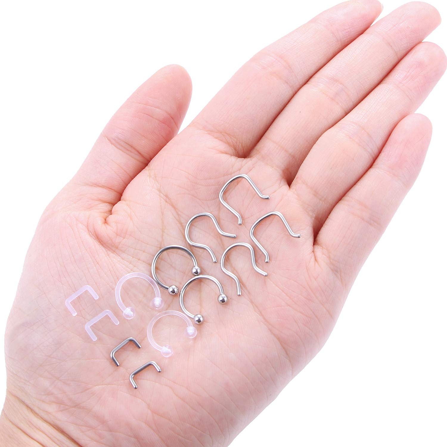 Hoeudjo 12Pcs 16G Septum Retainer Clear Acrylic and Surgical Steel Septum Nose Rings Hoop Horseshoe Cartilage Tragus Septum Ring Body Piercing Jewelry for Women Men Silver-tone