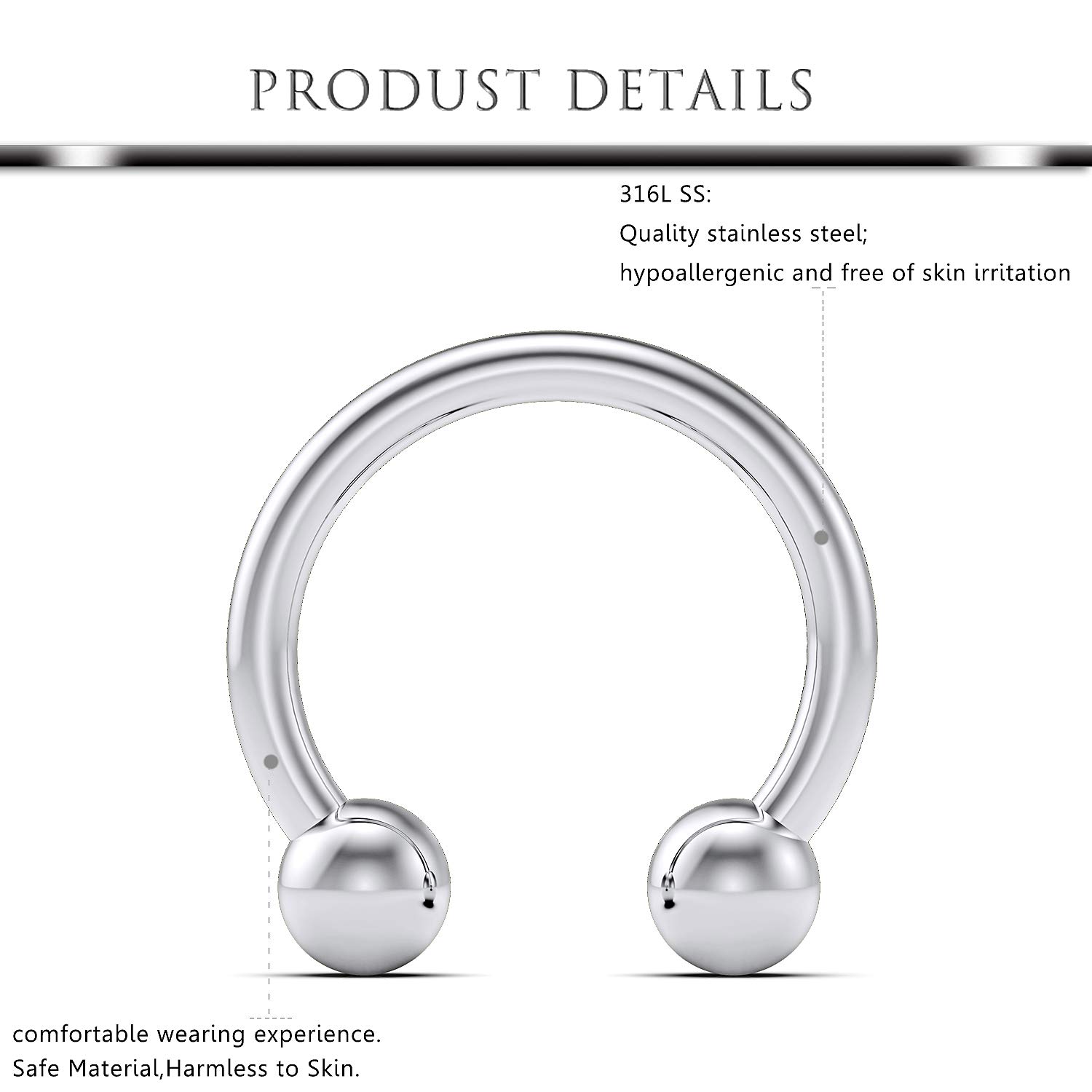 Hoeudjo 12Pcs 16G Septum Retainer Clear Acrylic and Surgical Steel Septum Nose Rings Hoop Horseshoe Cartilage Tragus Septum Ring Body Piercing Jewelry for Women Men Silver-tone