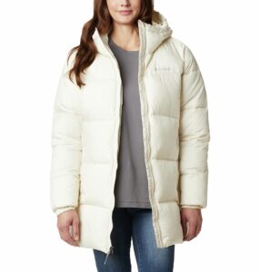 columbia women's puffect mid hooded jacket, chalk, small