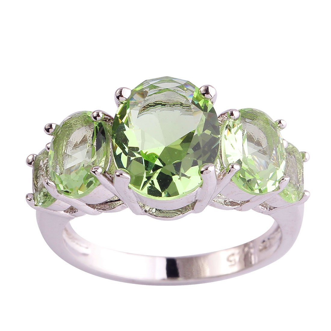 Narica Silver Plated 5-Stones Oval Cut Brilliant Created Green Created Amethyst CZ Cubic Zirconia Filled Eternity Halo Cocktail Party Wedding Engagement Proposal Band Women's Ring for Mom Bridal Lover Gift 12#