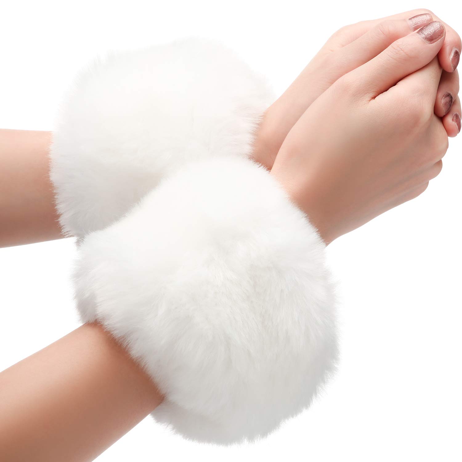 SATINIOR Faux Fur Short Wrist Cuff Winter Wrist Cuff Warmers Fuzzy Wrist Cuff for Women Girls Favors (White)