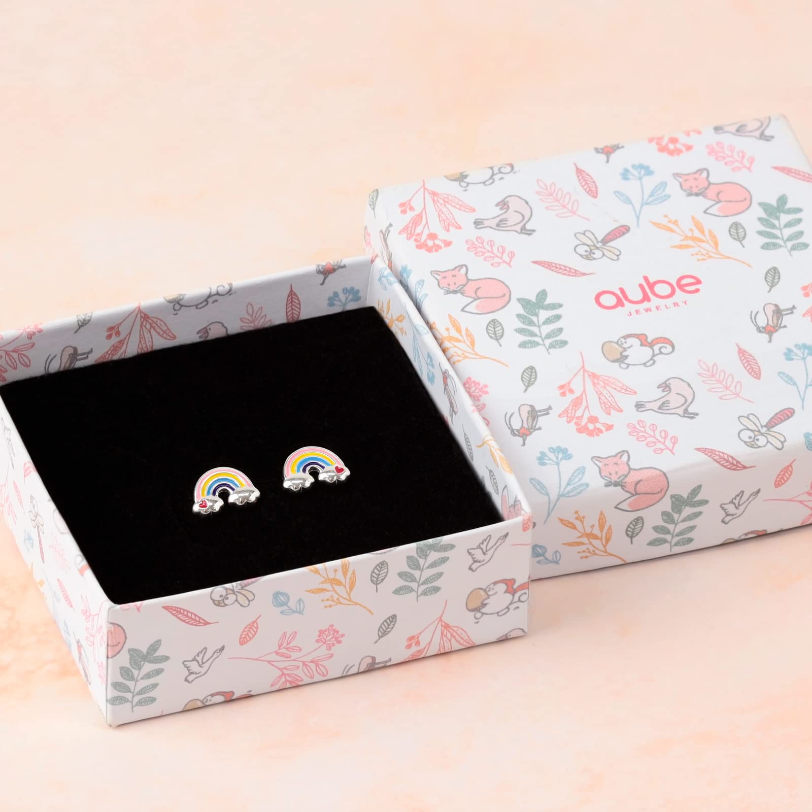 AUBE JEWELRY Hypoallergenic 925 Sterling Silver Colorful Rainbow Stud Earrings with Silicone Coated Push Backs for Girls and women