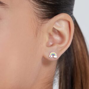 AUBE JEWELRY Hypoallergenic 925 Sterling Silver Colorful Rainbow Stud Earrings with Silicone Coated Push Backs for Girls and women