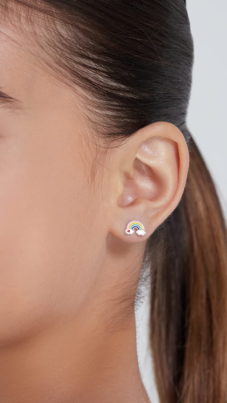 AUBE JEWELRY Hypoallergenic 925 Sterling Silver Colorful Rainbow Stud Earrings with Silicone Coated Push Backs for Girls and women