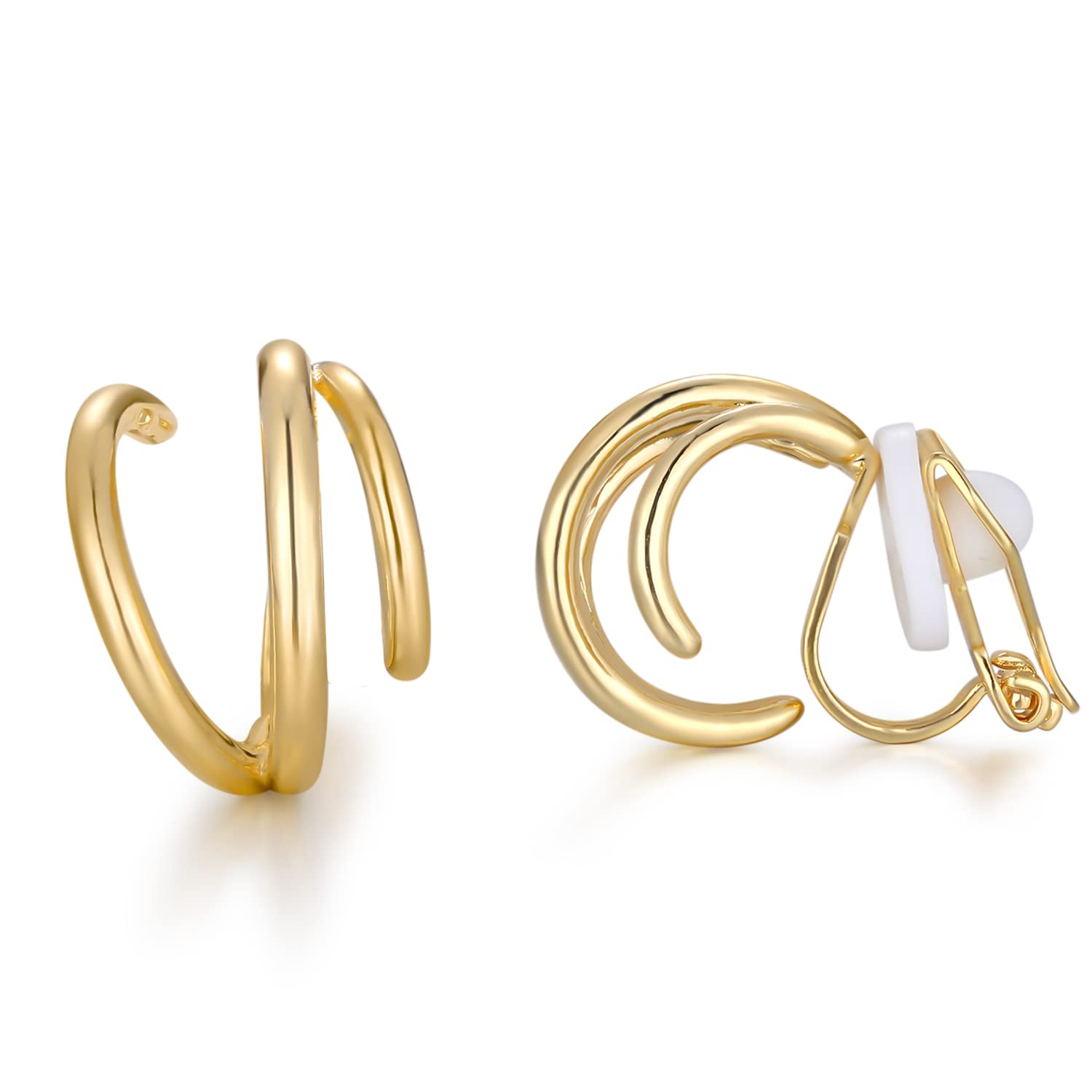 HAISWET Twisted Art Deco Hoop Small Stud Clip On Earrings For Women Teens Gold Tone