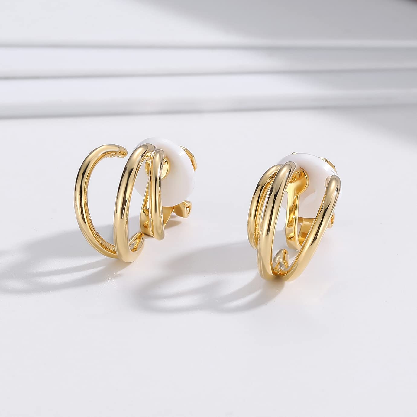 HAISWET Twisted Art Deco Hoop Small Stud Clip On Earrings For Women Teens Gold Tone