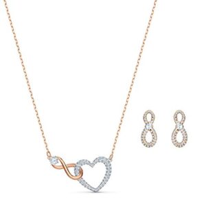 swarovski infinity necklace and stud pierced earrings set with clear crystal pavé and mixed metal plated finish in infinity and heart design