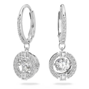 swarovski una drop pierced earrings with crystal pavé surrounding a round, white floating stone on a rhodium finished setting