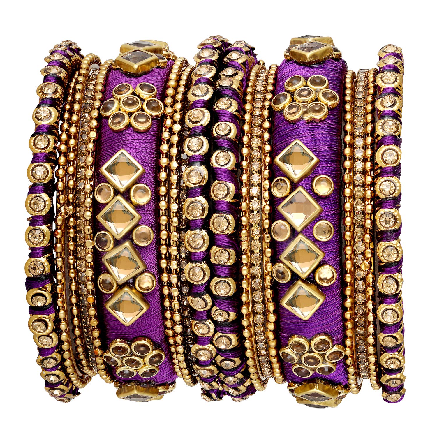 Aheli Ethnic Handmade Silk Thread Faux Stone Studded Bangle Set Chudha Indian Traditional Wedding Wear Fashion Jewelry for Women (Purple)