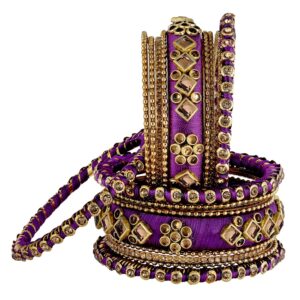 Aheli Ethnic Handmade Silk Thread Faux Stone Studded Bangle Set Chudha Indian Traditional Wedding Wear Fashion Jewelry for Women (Purple)