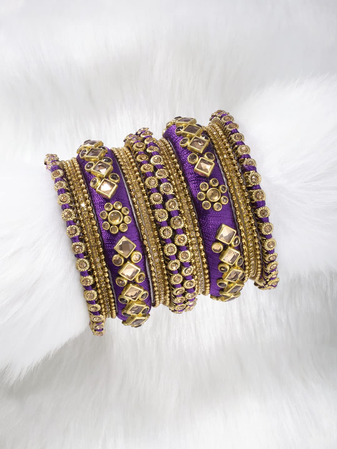 Aheli Ethnic Handmade Silk Thread Faux Stone Studded Bangle Set Chudha Indian Traditional Wedding Wear Fashion Jewelry for Women (Purple)