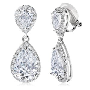 wedding zircon teardrop clip on earrings for brides women no piercing sparkly cz silver dangle earrings