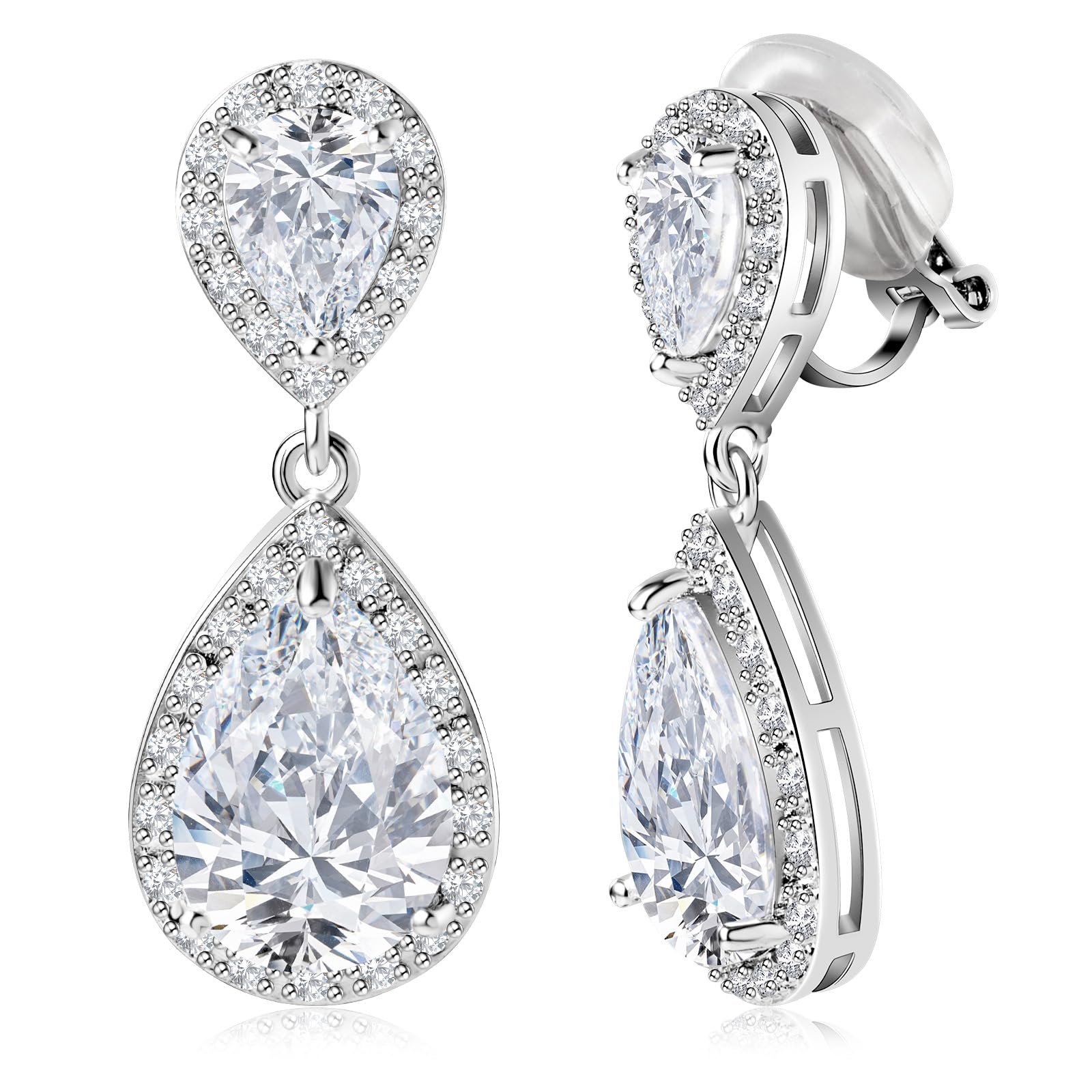 Wedding Zircon Teardrop Clip On Earrings For Brides Women No Piercing Sparkly CZ Silver Dangle Earrings