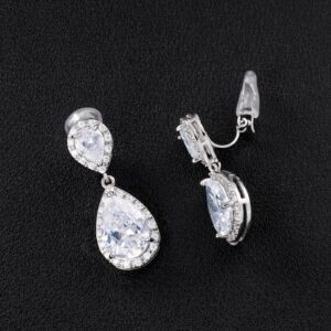 Wedding Zircon Teardrop Clip On Earrings For Brides Women No Piercing Sparkly CZ Silver Dangle Earrings