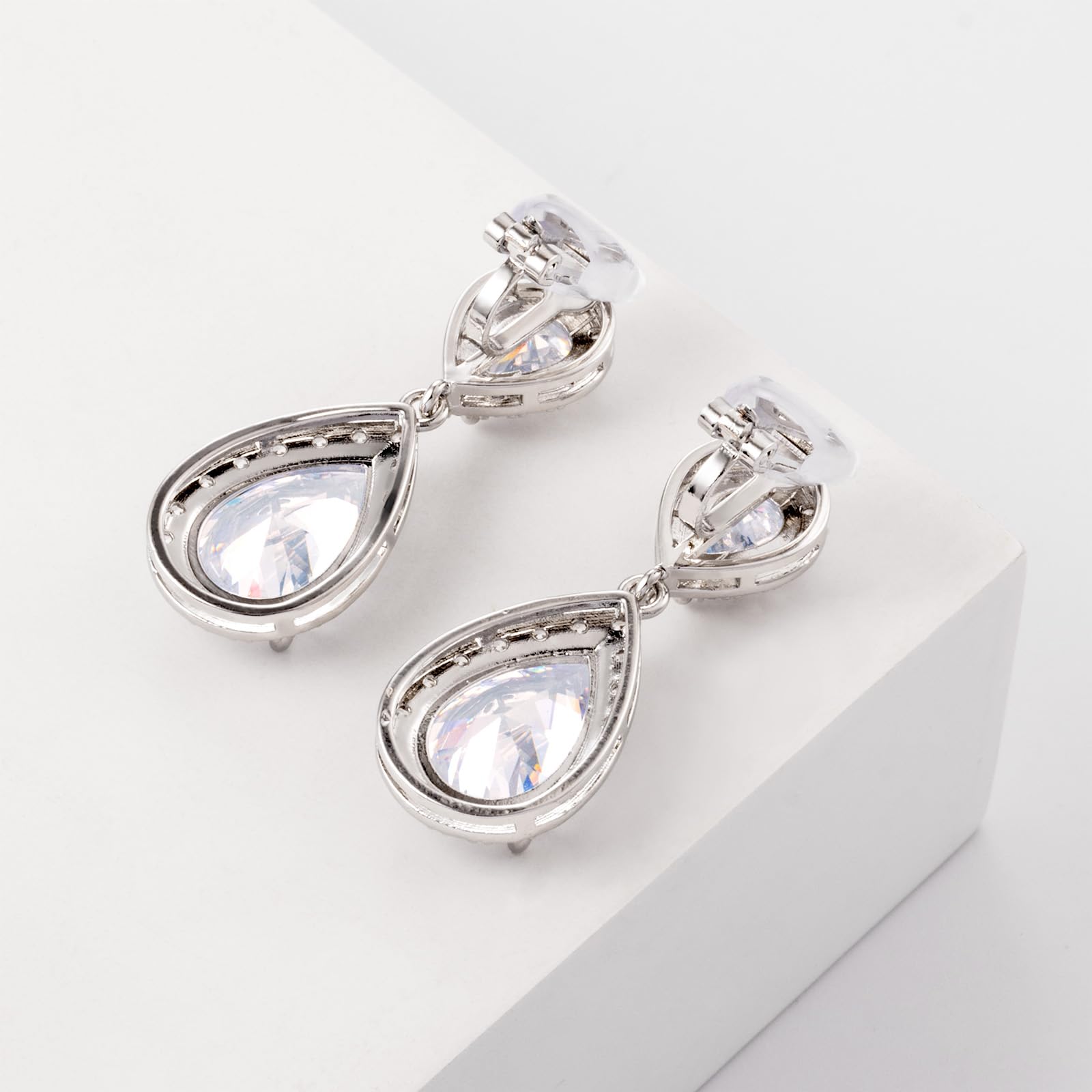 Wedding Zircon Teardrop Clip On Earrings For Brides Women No Piercing Sparkly CZ Silver Dangle Earrings