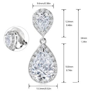 Wedding Zircon Teardrop Clip On Earrings For Brides Women No Piercing Sparkly CZ Silver Dangle Earrings