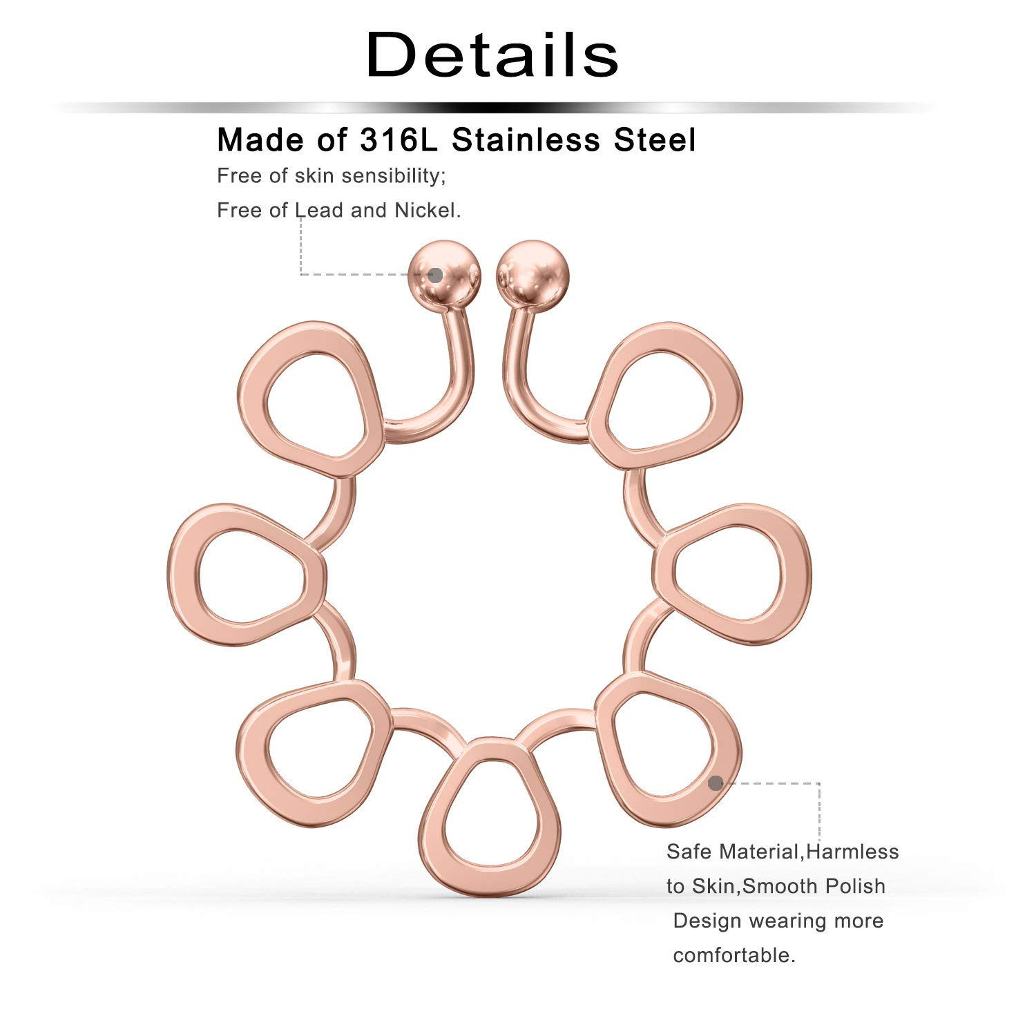 Ftovosyo Fake Nipplerings Piercings Adjustable Clip On Nipple Rings Stainless Steel Non-Piercing Nipple Jewelry for Women Rose Gold