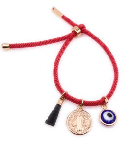 18k gold plated saint benedict red string bracelet adjustable charm evil eye & dainty genuine azabache hand