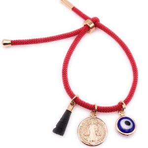 18K Gold Plated Saint Benedict Red String Bracelet Adjustable Charm Evil Eye & Dainty Genuine Azabache Hand