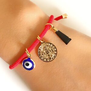 18K Gold Plated Saint Benedict Red String Bracelet Adjustable Charm Evil Eye & Dainty Genuine Azabache Hand