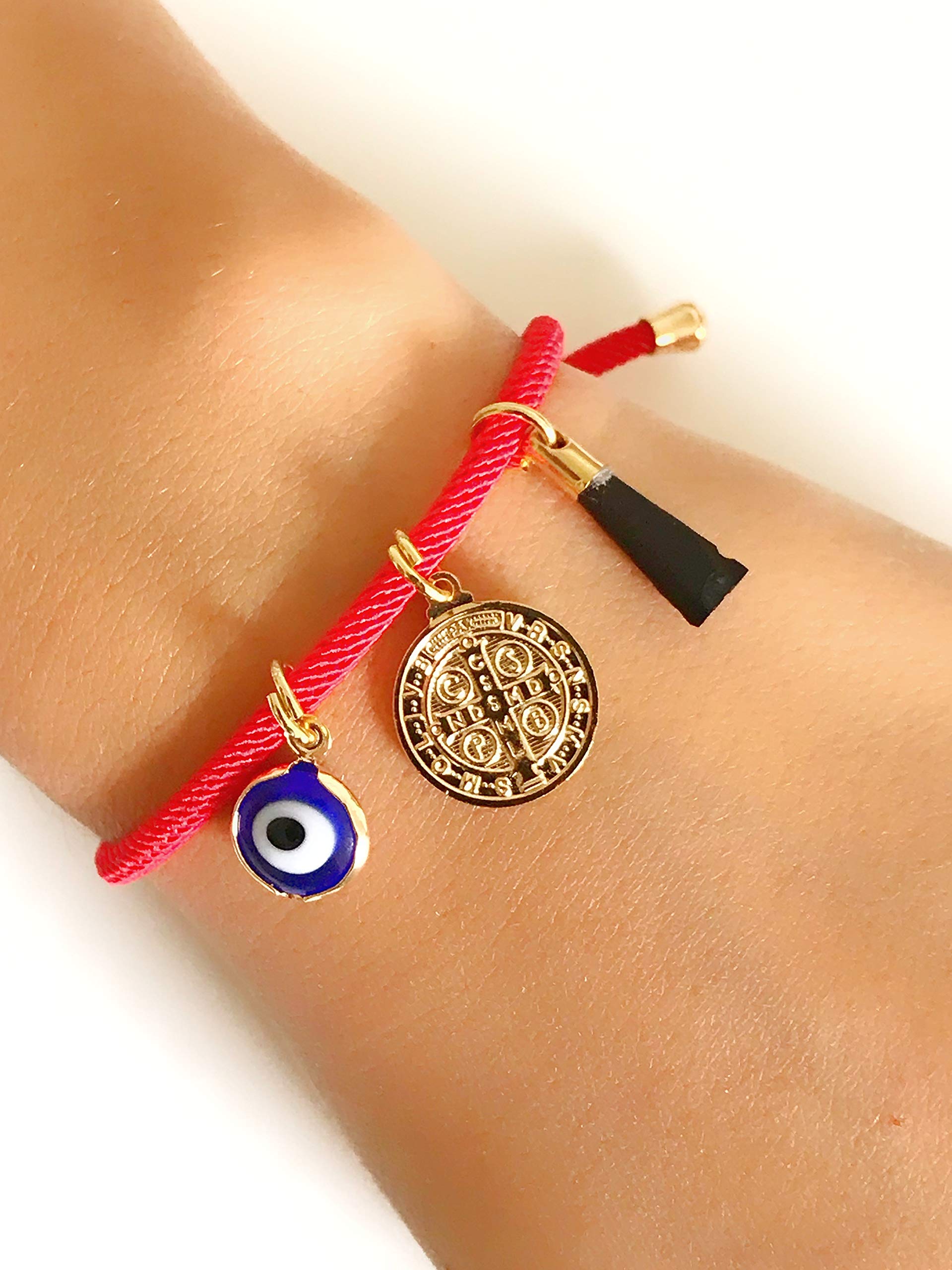 18K Gold Plated Saint Benedict Red String Bracelet Adjustable Charm Evil Eye & Dainty Genuine Azabache Hand