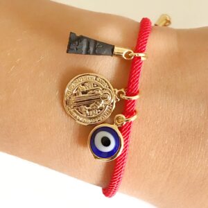 18K Gold Plated Saint Benedict Red String Bracelet Adjustable Charm Evil Eye & Dainty Genuine Azabache Hand