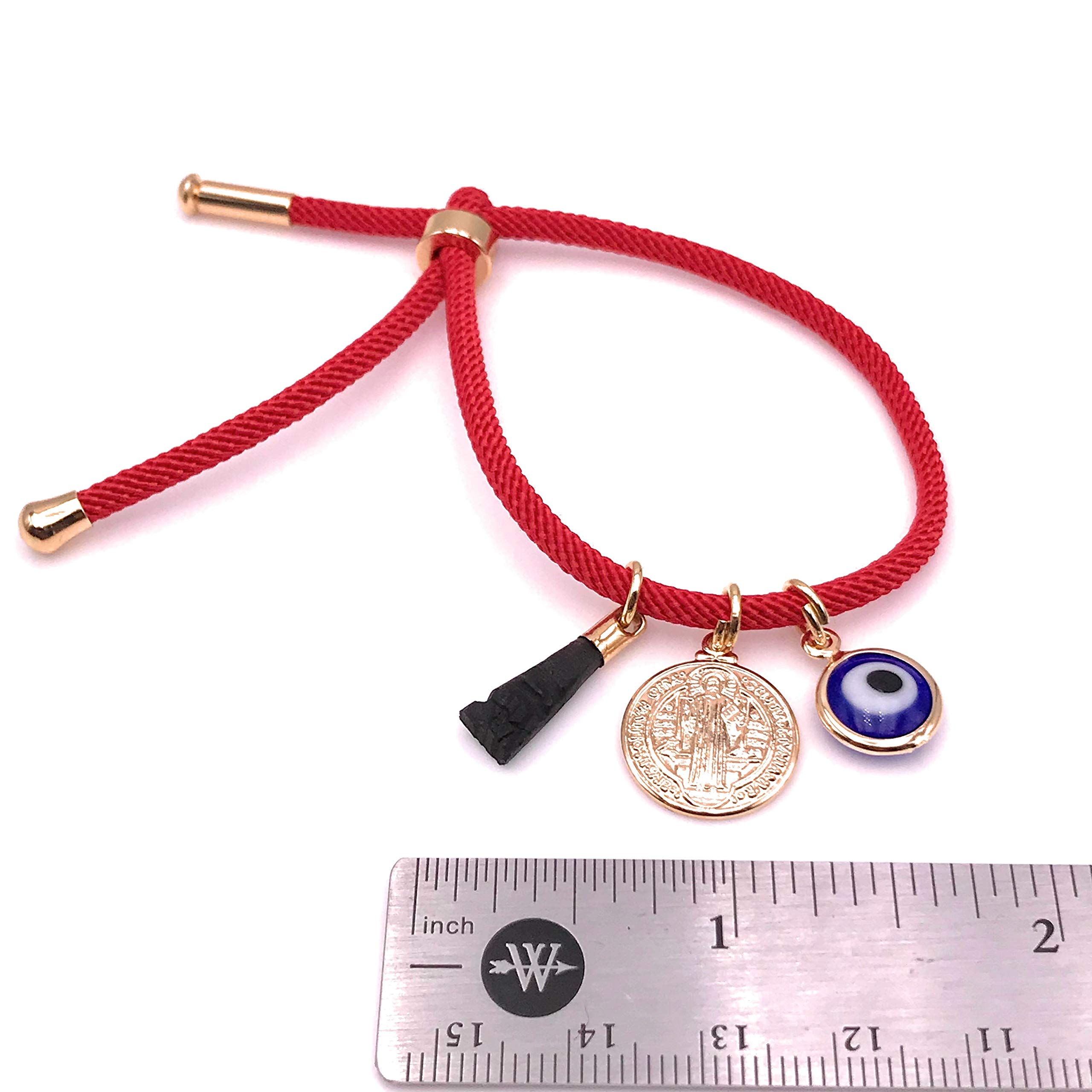 18K Gold Plated Saint Benedict Red String Bracelet Adjustable Charm Evil Eye & Dainty Genuine Azabache Hand